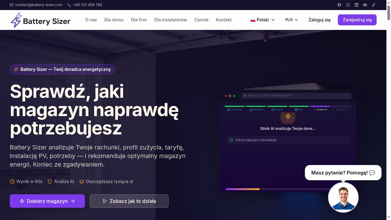Kalkulator magazynu energii — Dobór, ROI i oszczędności | Battery Sizer